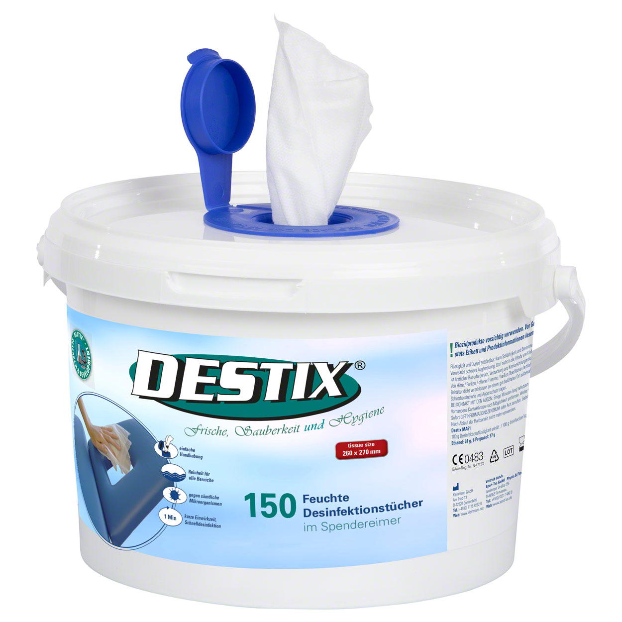 DESTIX disinfection wipes in dispenser bucket, 26x27 cm, 150 pieces