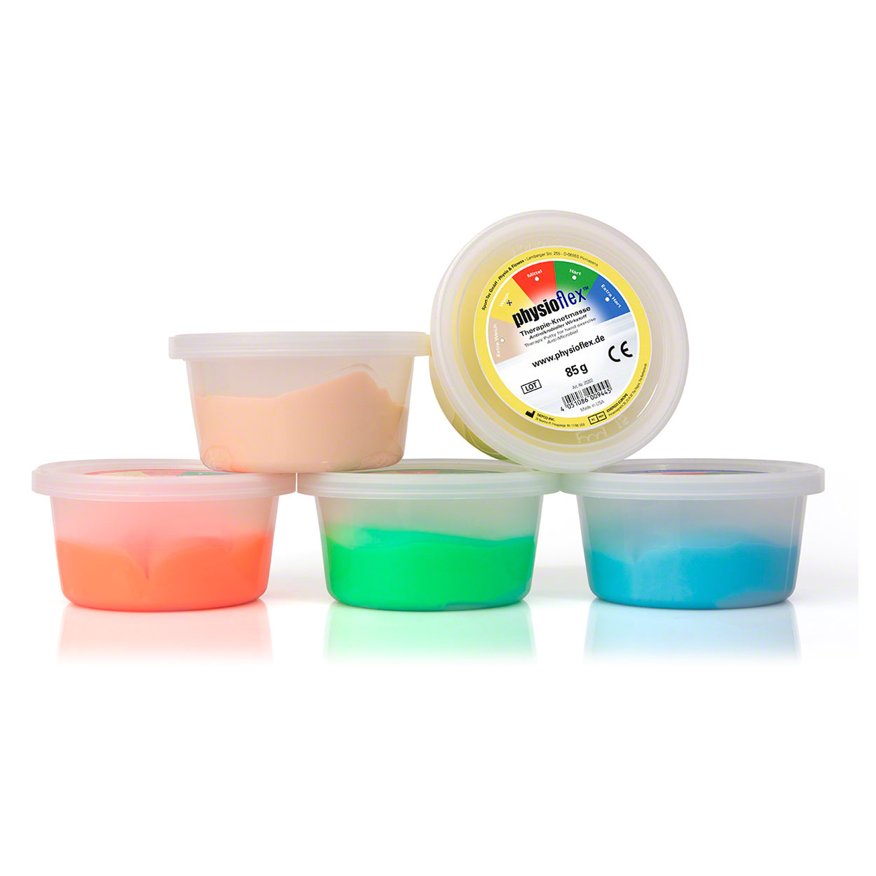 Physioflex therapy kneading mass, set: 85 g, 1x each extra soft, soft, medium, hard, extra hard